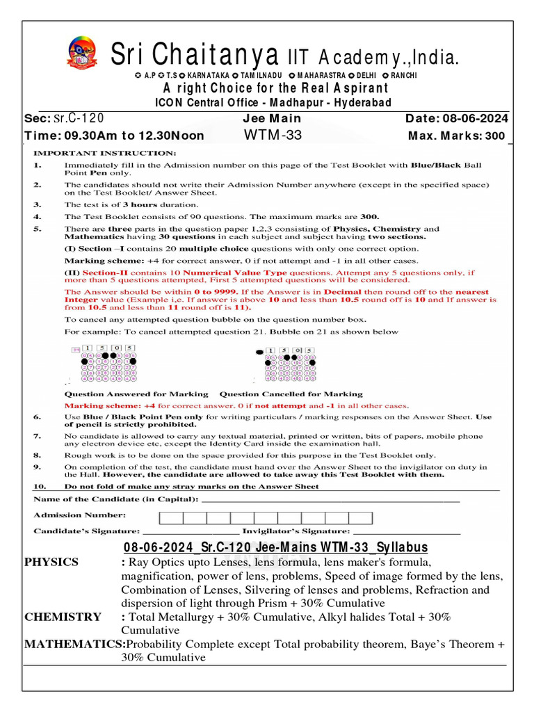 08-06-2024 - SR C-120 - Jee-Mains - WTM-33 - Q Paper | PDF