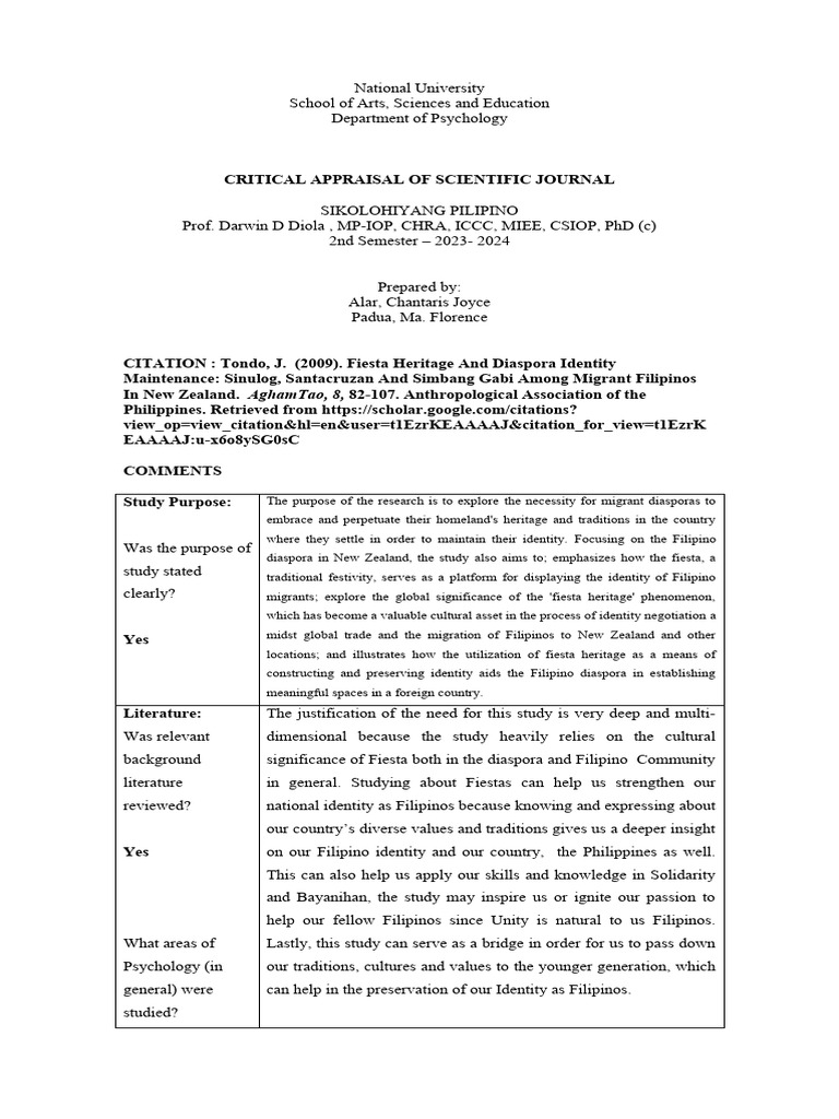 Critical Appraisal of A Scientific Journal Filipino Psychology | PDF ...
