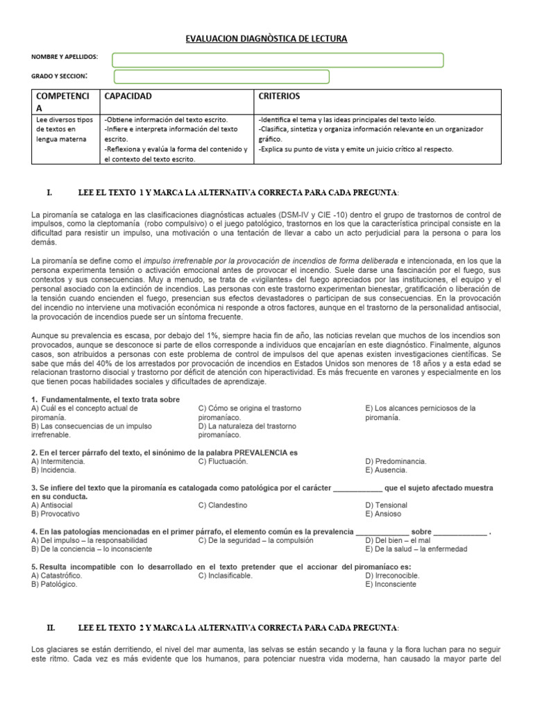 Evaluación Diagnóstica de Lectura | PDF | Tierra | Clima