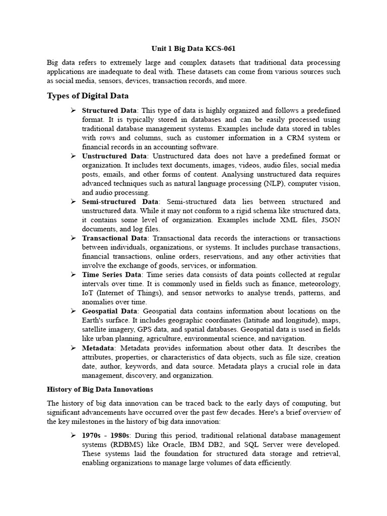 Types of Digital Data: Unit 1 Big Data KCS-061 | PDF | Apache Hadoop | Big Data
