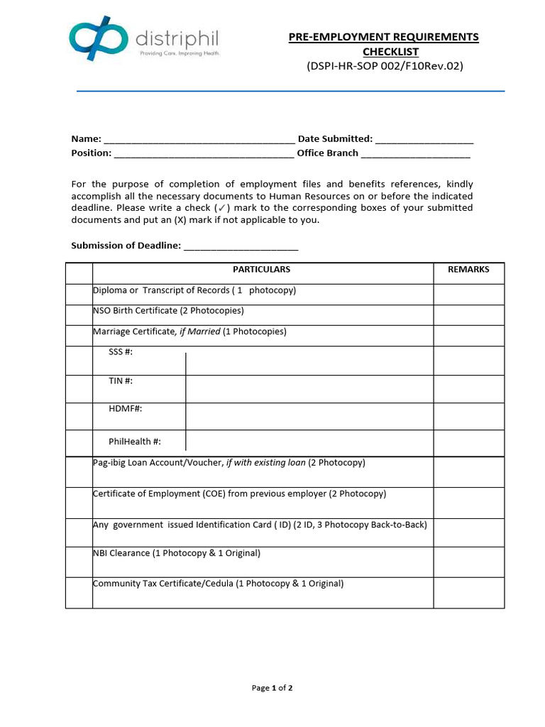 SOP2 - F10 Pre - Employment Checklist 2019 | PDF | Physical Examination