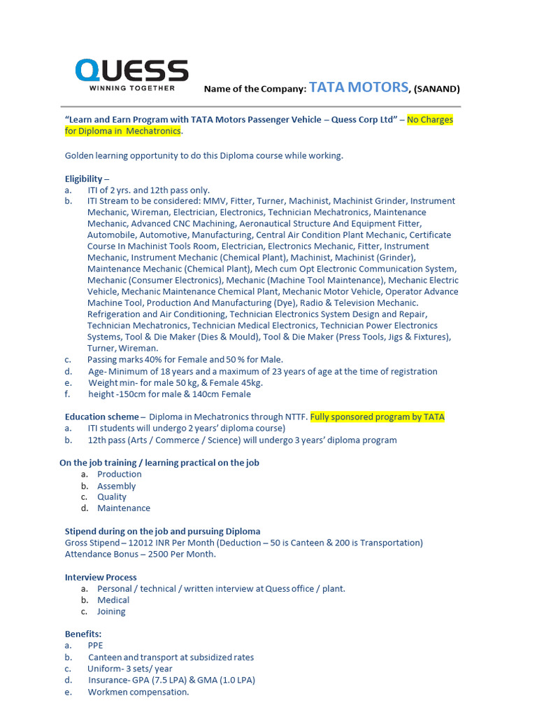 TATA Motors JD - SANAND-NAPS | PDF | Machinist | Mechatronics