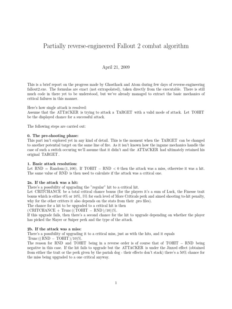 Fallout 2 Combat Algorithm Breakdown | PDF