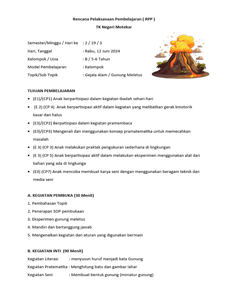 RPP Tema Gunung Meletus TK Motekar | PDF | Karier & Perkembangan
