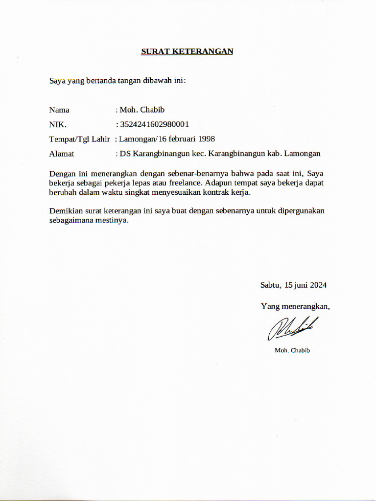 SURAT KETERANGAN Pekerja Lepas | PDF