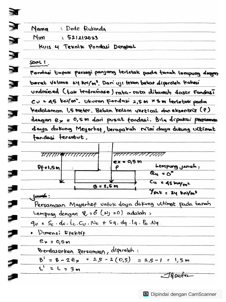 Kuis 4 Teknik Pondasi Dangkal - Dede Rukanda - 521212023 | PDF