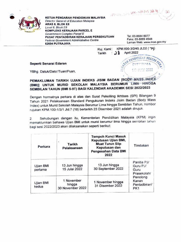 KPM Pemakluman Tarikh Ujian Indekx Jisim Badan Bmi | PDF
