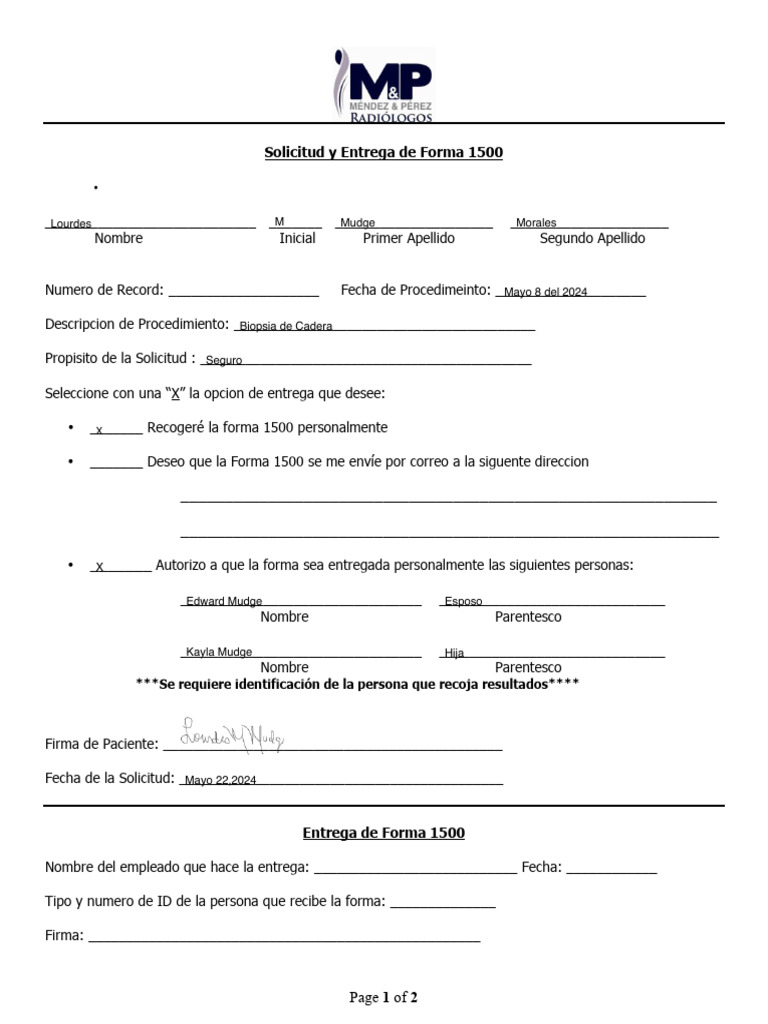 Solicitud y Entrega de Forma 1500 - Bilingue | PDF