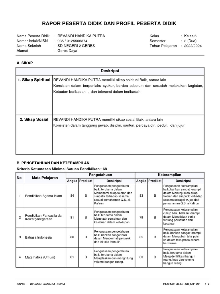 Rapor - REVANDI HANDIKA PUTRA - 20232 | PDF
