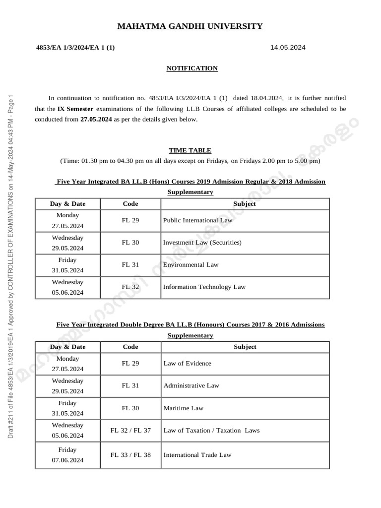 IX Semester 5 Year LLB Exams 2024 | PDF | Bachelor Of Arts | Justice