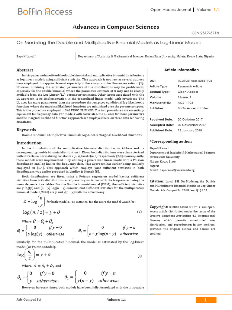 On Modeling The Double and Multiplicative Binomial Models As Log-Linear Models | PDF | Logistic ...