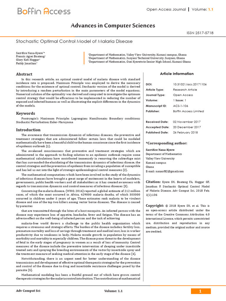 Stochastic Optimal Control Model of Malaria Disease | PDF | Malaria | Infection