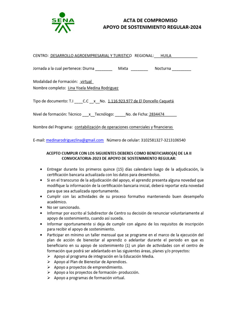 Acta de Compromiso I Convocatoria-2023 Apoyo de Sostenimiento Regular | PDF | Finanzas y ...