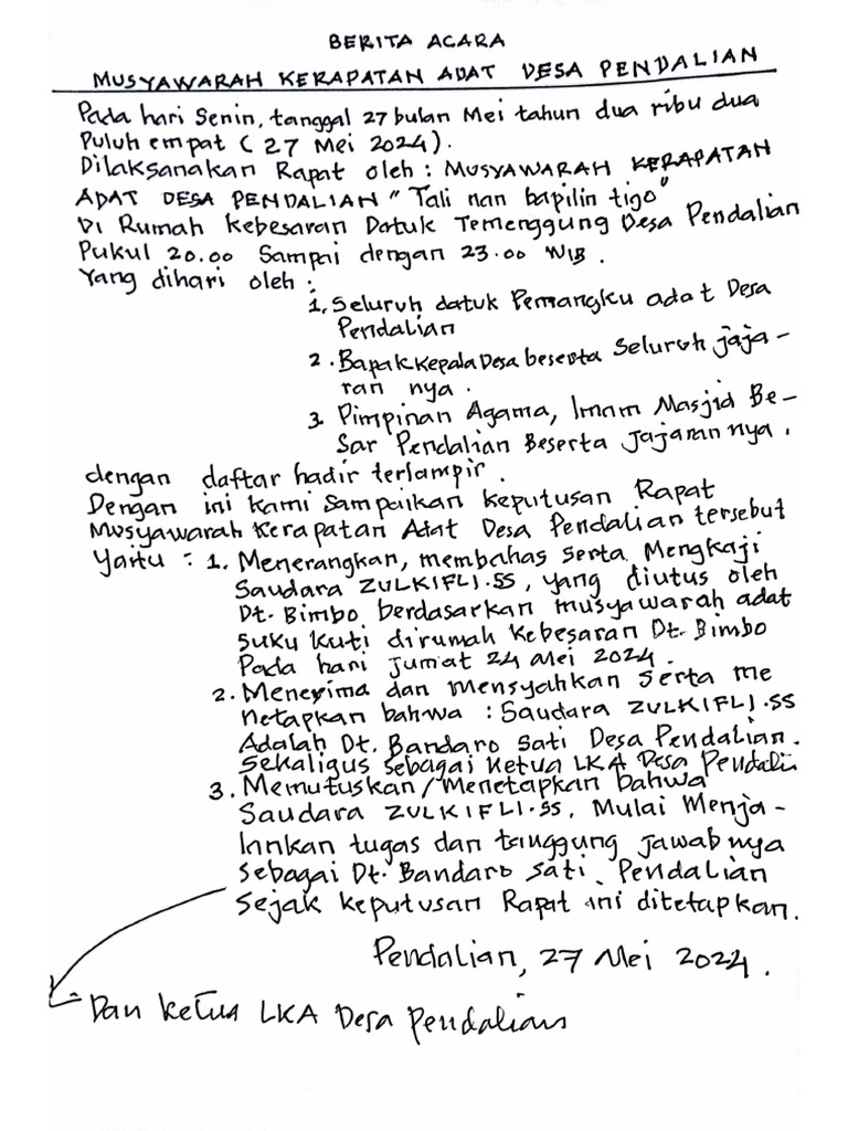 Revisi Berita Acara Musyawarah Adat Desa Pendalian | PDF