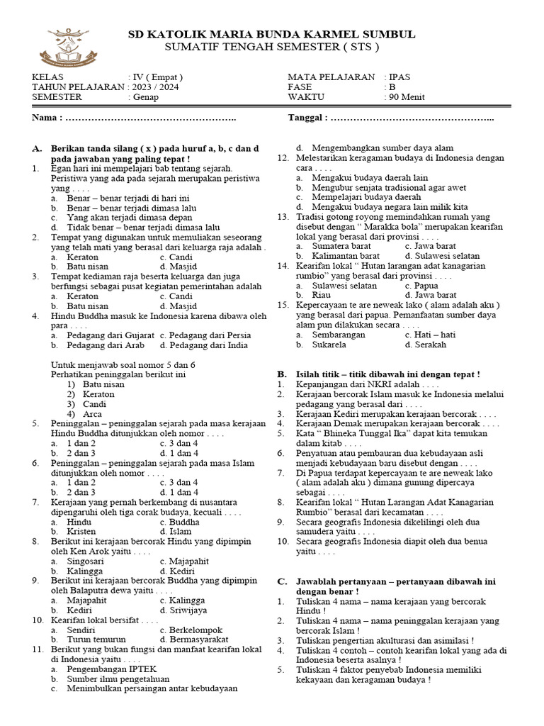 Soal STS Kelas 4 Genap - 2024 | PDF | Ilmu Sosial