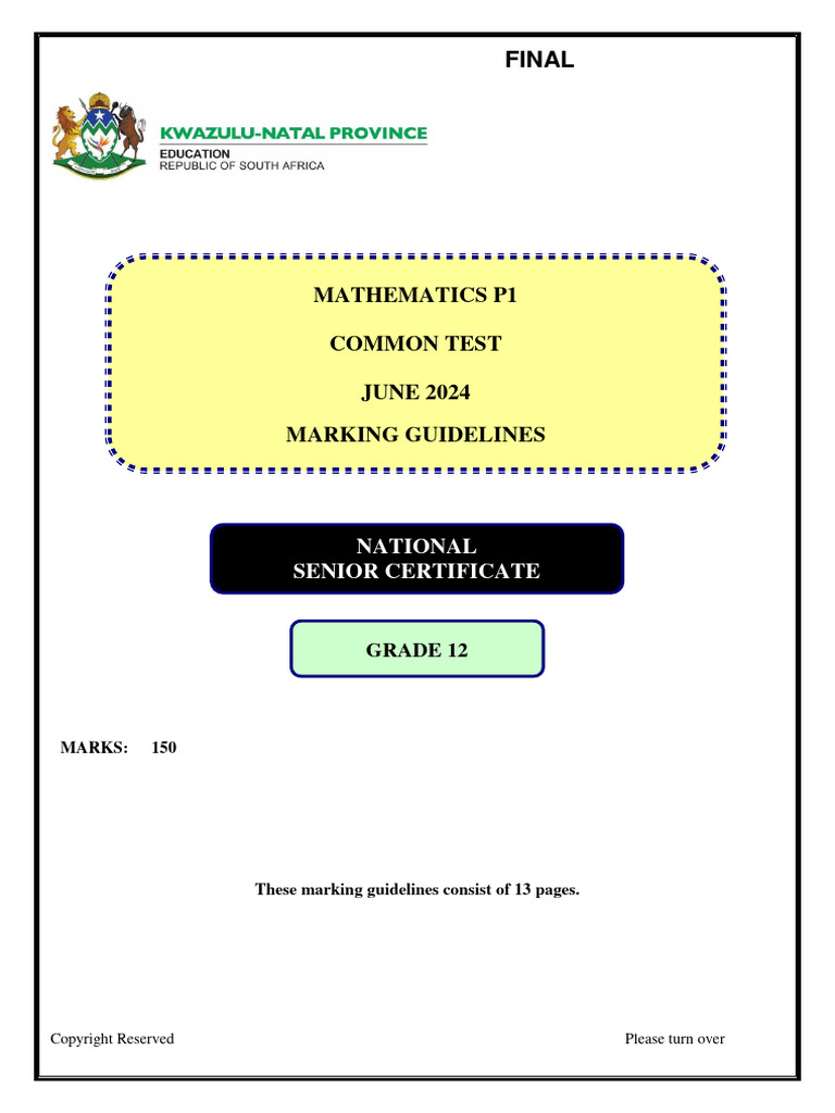 Mathematics p1 GR 12 June 2025 Final Marking Guideline | PDF ...