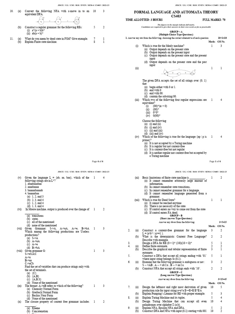 Cse Cs403 Formal Language And Automata Theory R18 Booklet Pdf Theoretical Computer
