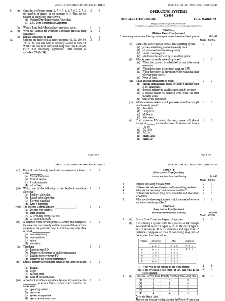 CSE - CS403 - OPERATING SYSTEMS - R21 - Booklet | PDF | Scheduling ...