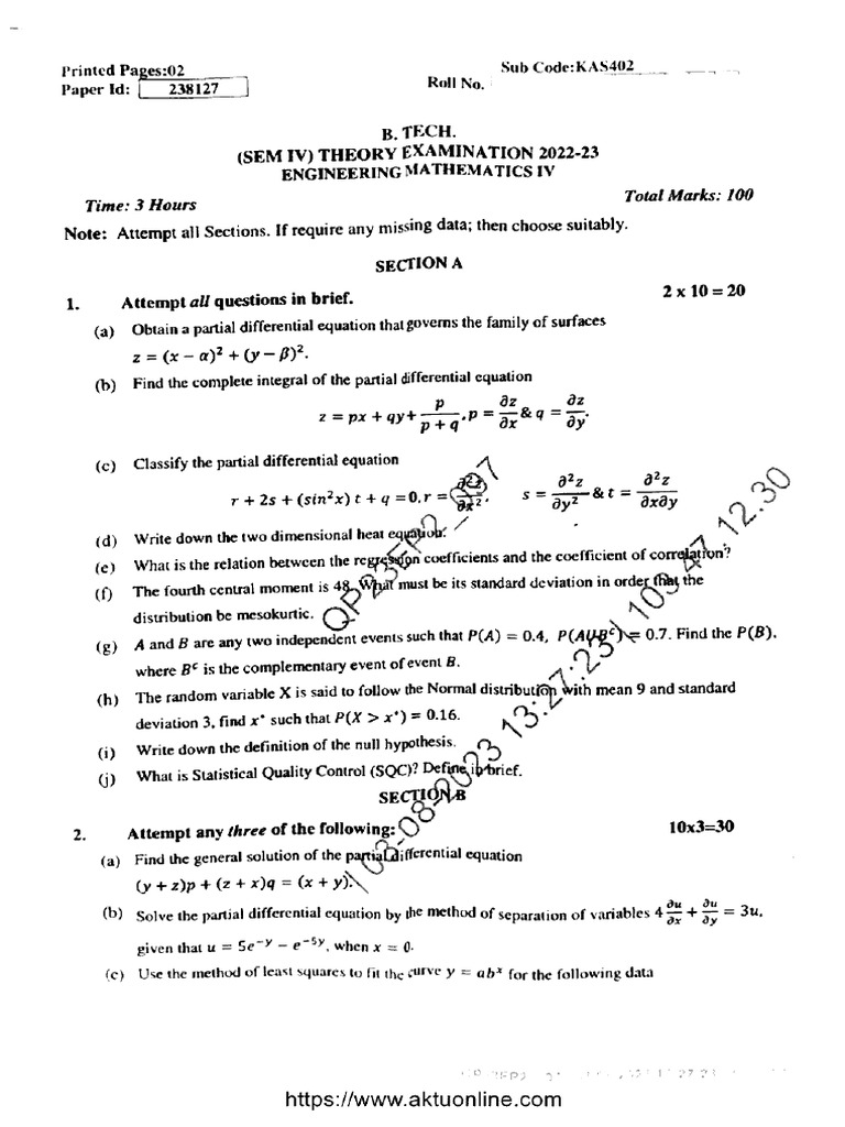Btech As 4 Sem Engineering Mathematics 4 Kas402 Aug 2023 | PDF