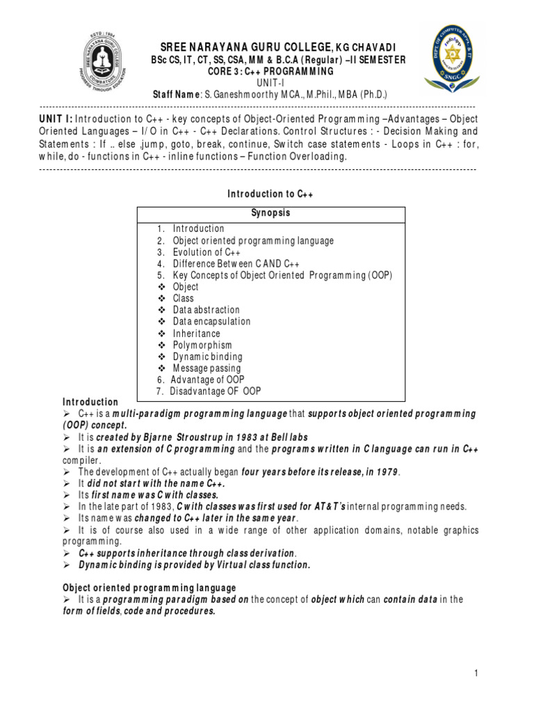 Final UNIT-1 - C++ | PDF | Object Oriented Programming | C++