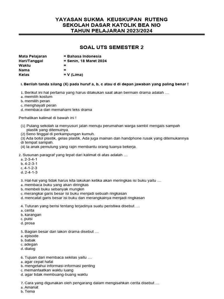 Soal Bindo Edit Uts KLS 5 | PDF | Seni & Disiplin Bahasa | Kajian Bahasa Asing