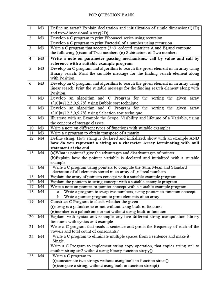 Pop Question Bank | PDF | Matrix (Mathematics) | Pointer (Computer Programming)