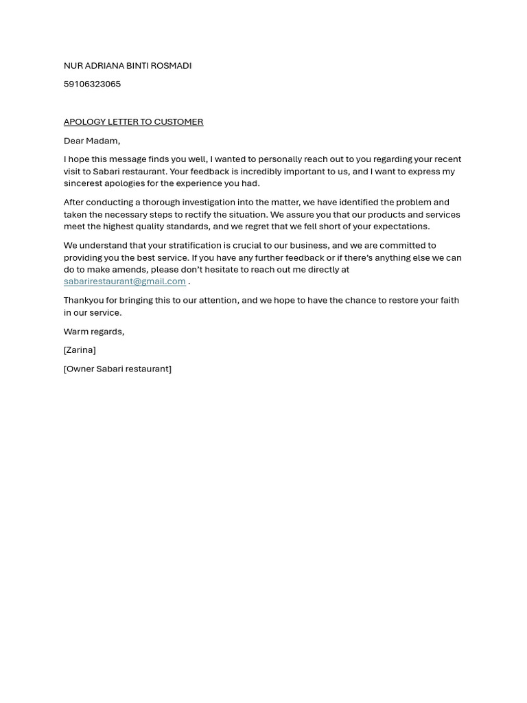 Apology Letter To Customer | PDF | Self-Improvement