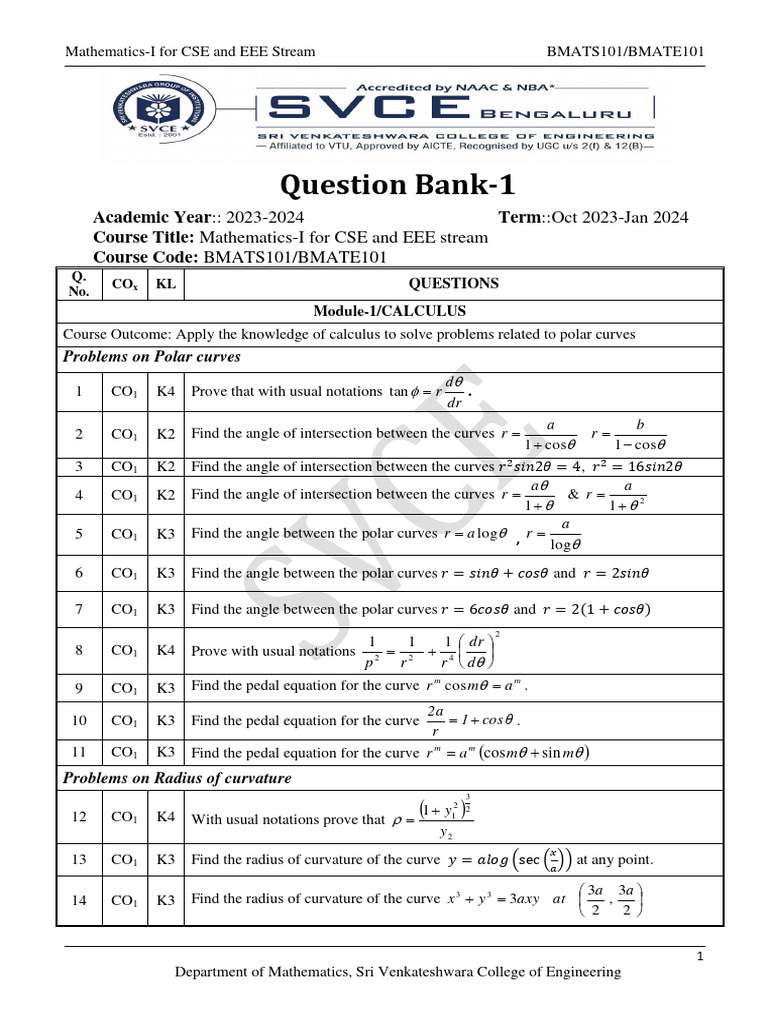 BMATS101 - Question Bank-1 - 2023-24 | PDF | Equations | Differential Equations