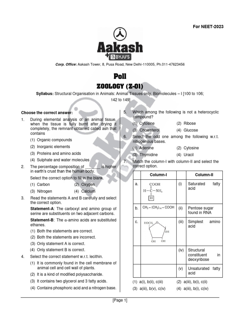 Zoology Poll (1+2) Q | PDF | Epithelium | Enzyme