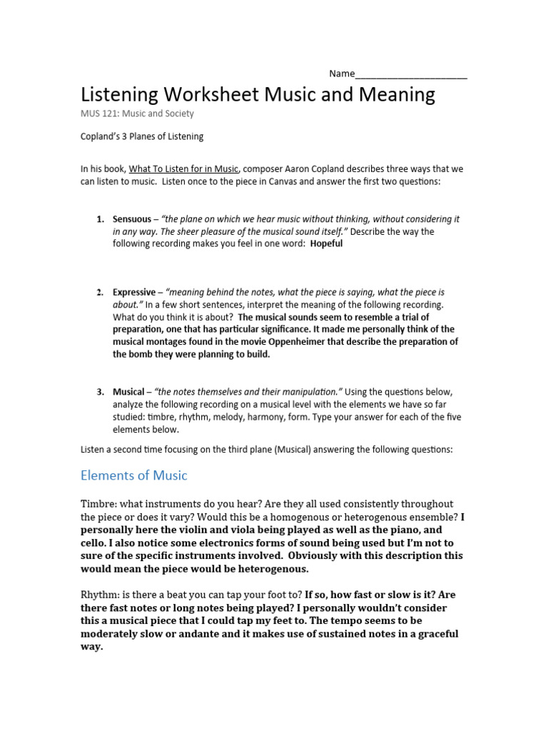 Listening Worksheet Music and Meaning | PDF | Violin | Melody