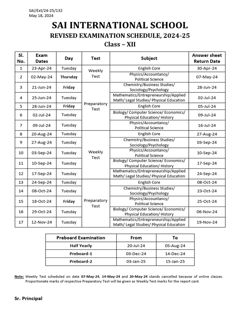 Class XII Revised Exam Schedule 2024-25 | PDF | Science | Mathematics