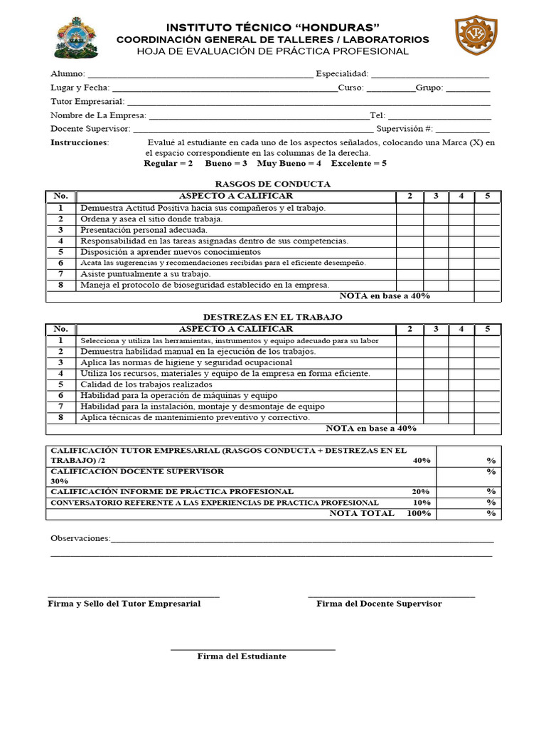 Hoja de Evaluacion de Practica Profesional Actualizada 2023 Btp | Descargar gratis PDF ...