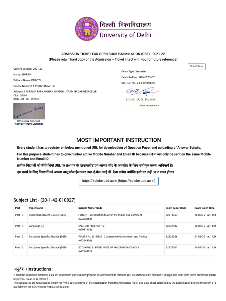 (Hall Ticket 3sem) School of Open Learning - Home - SOL | PDF