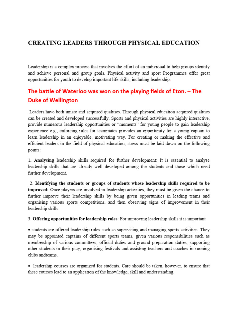 CREATING LEADERS THROUGH PHYSICAL EDUCATION Physical Education Project ...