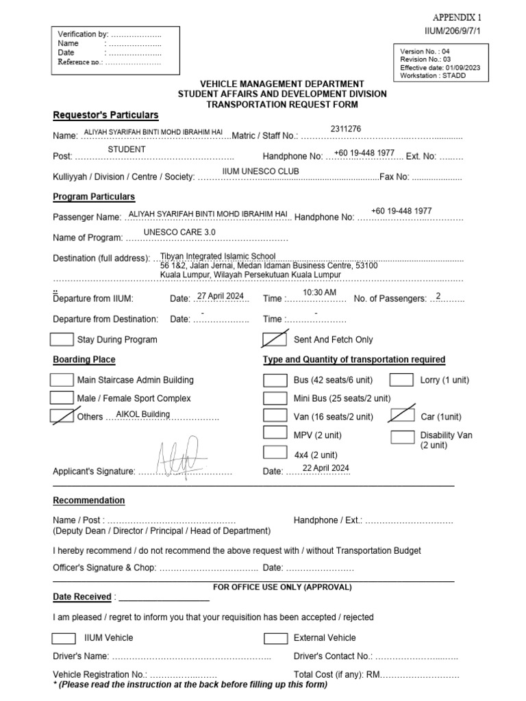 Uc3.0 Aikol - Booking Transport Form | PDF | Wheeled Vehicles | Motor Vehicle