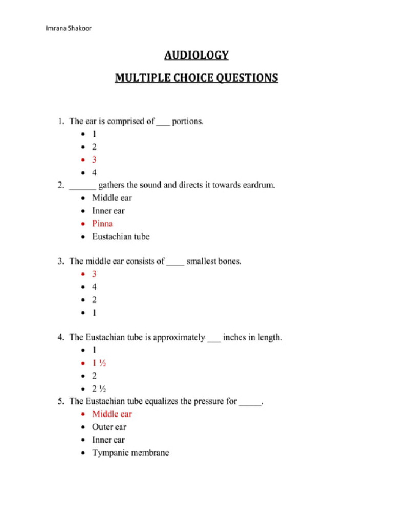 Multiple Choice Questions For Audiology Hearing Issues 266380079 | PDF
