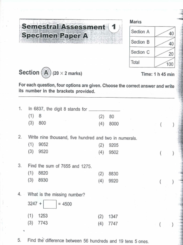 Semestral Assessment 1 Specimen Paper A | PDF