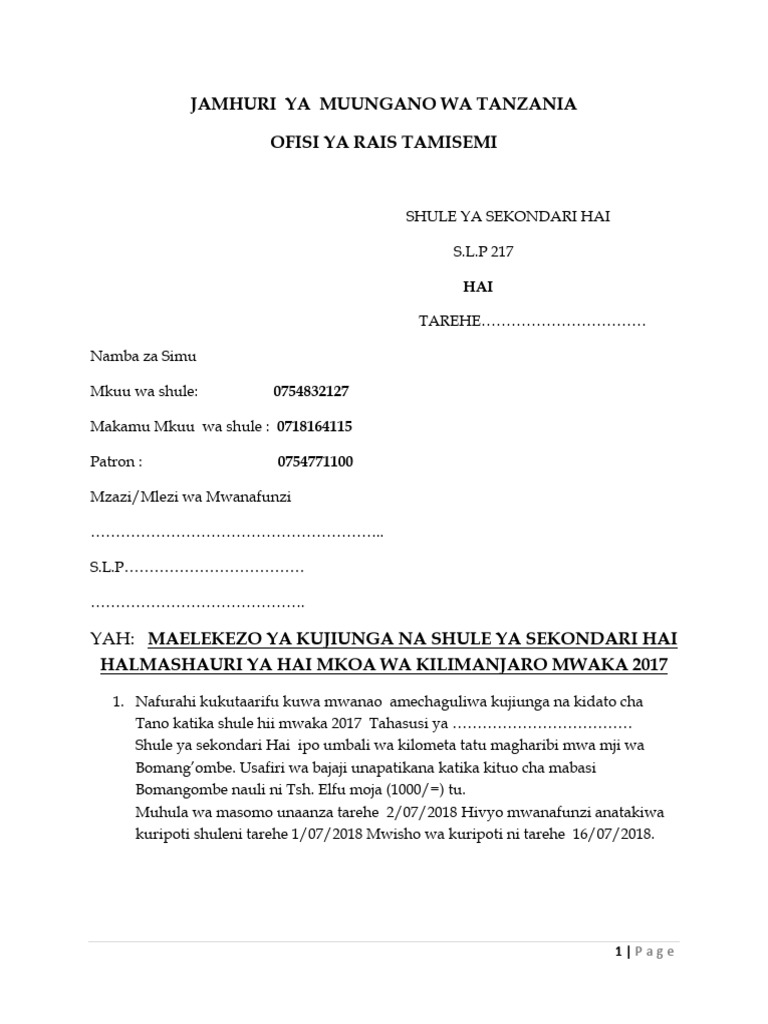 Hai Secondary School Joining Instruction | PDF