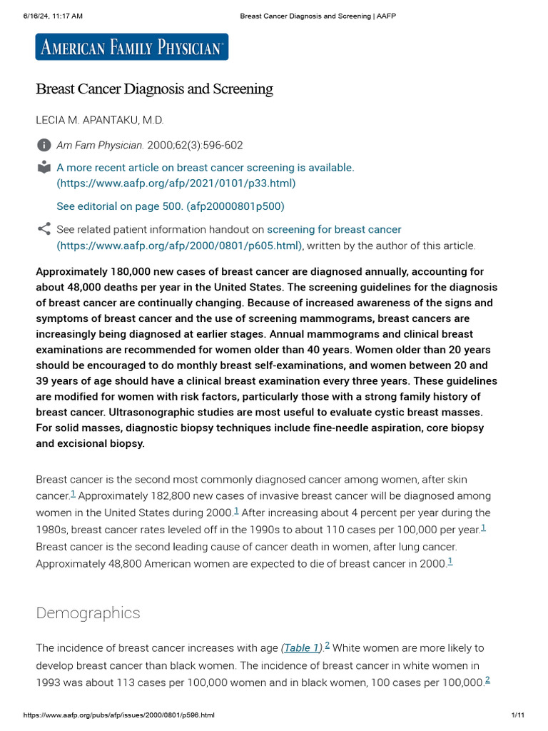 Breast Cancer Diagnosis and Screening - AAFP | PDF | Mammography ...