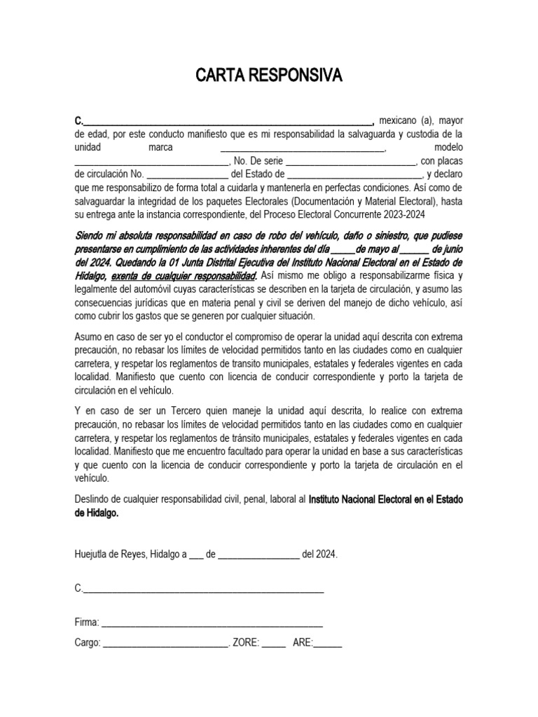 Carta Responsiva para Licencia de Manejo | PDF | Licencia de conducir