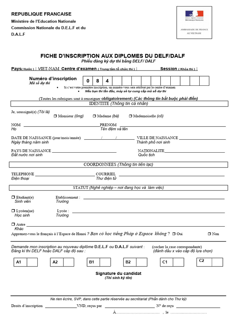 Fiche Inscription Candidat DELF DALF TP | PDF