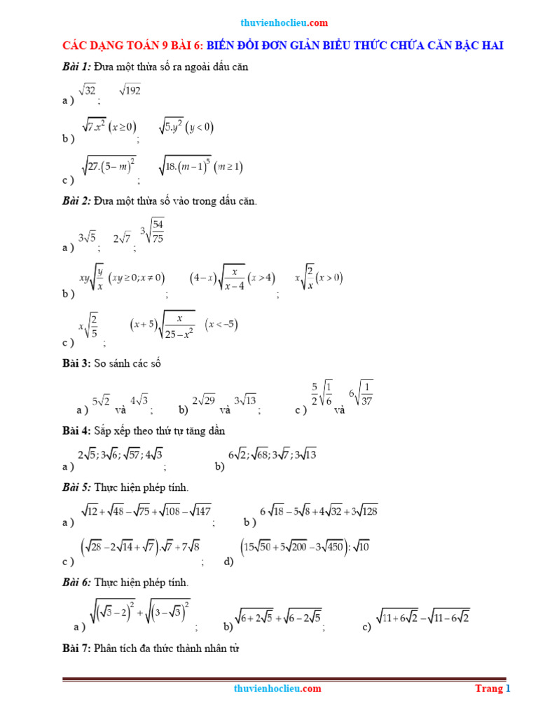 Cac Dang Toan 9 Bai 6 Bien Doi Don Gian Bieu Thuc Chua Can Bac Hai | PDF