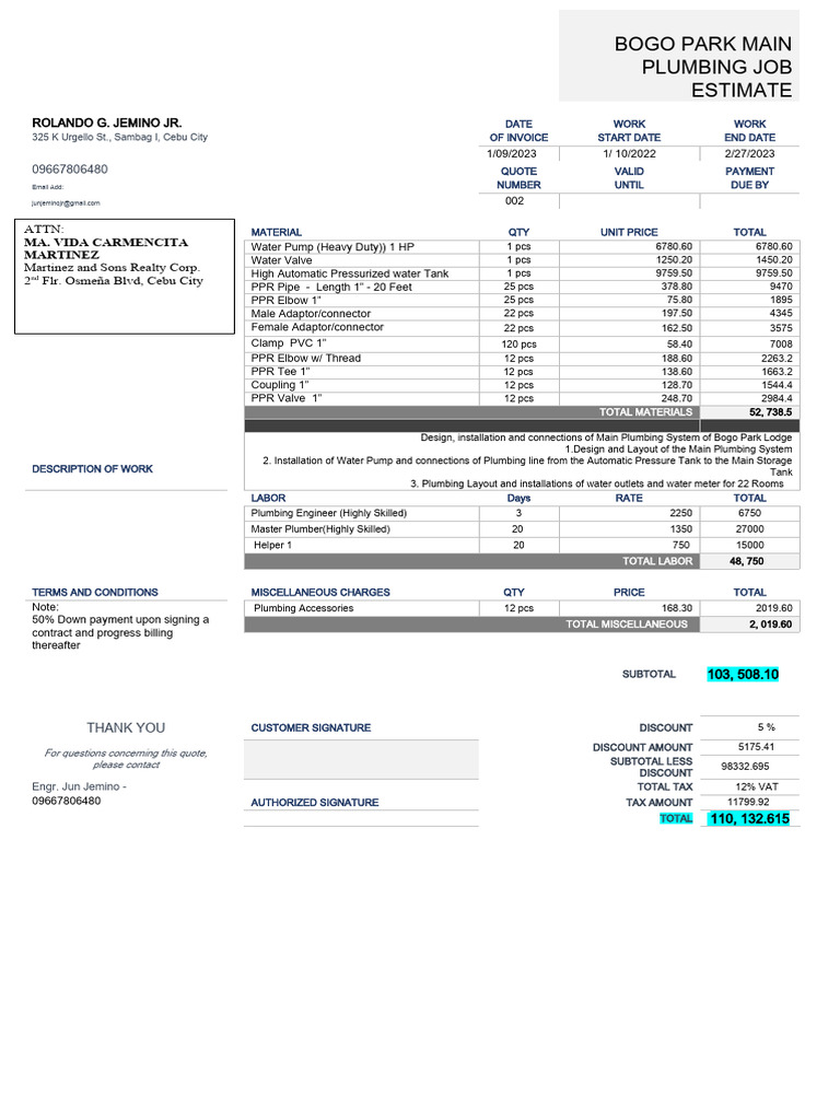 Bogo Park Lodge JOB Quot. - Plumbing | PDF | Plumbing | Gas Technologies