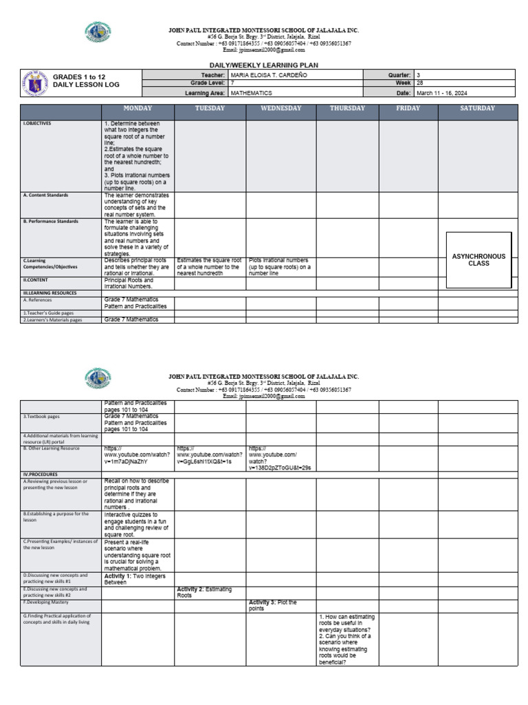 Daily - Weekly-Learning-Plan - Math 7 - Week 28 | PDF | Numbers | Square Root