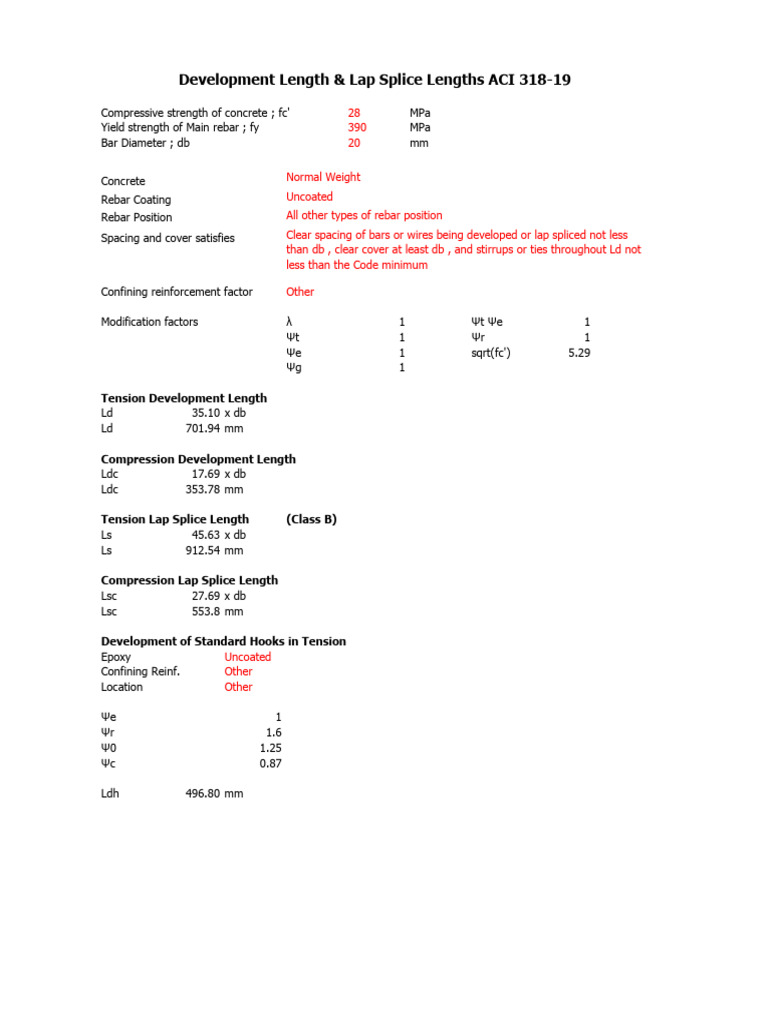 Development Length & Lap Splice Lengths ACI 318-19 Dia.20mm | PDF