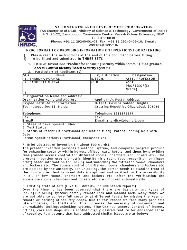 NRDC FORMAT FOR PROVIDING INFORMATION ON INVENTIONS FOR PATENTING_shardha and SMT1 | PDF ...