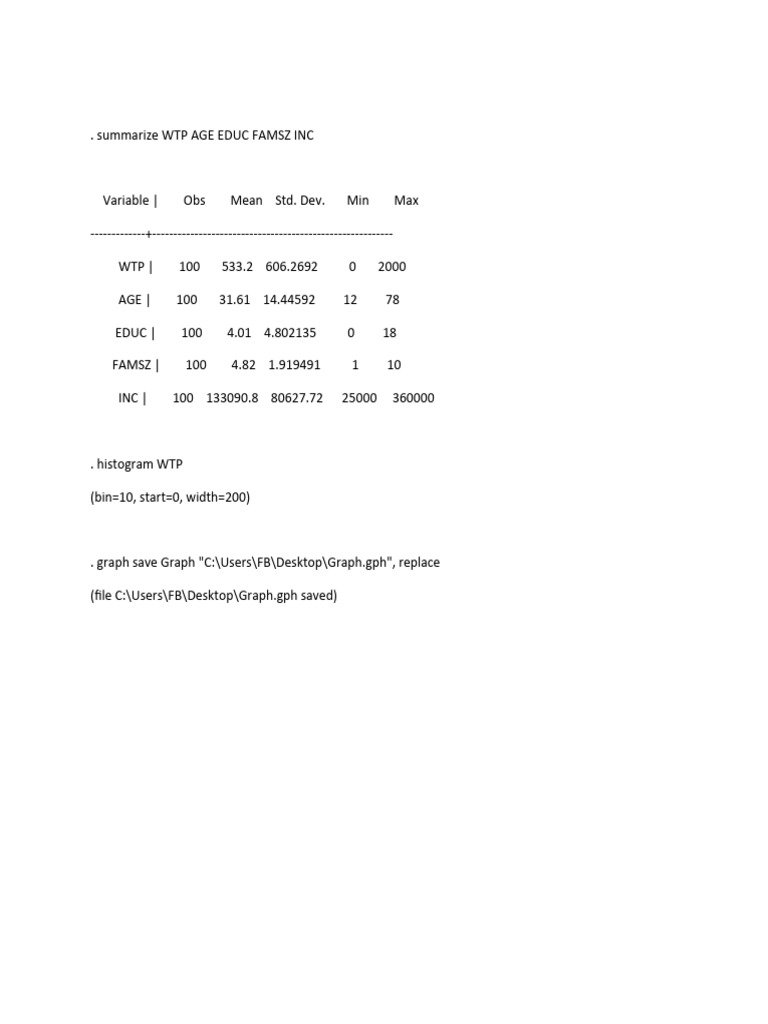 Summarize WTP Age Educ Famsz Inc | PDF | Coefficient Of Determination | Errors And Residuals