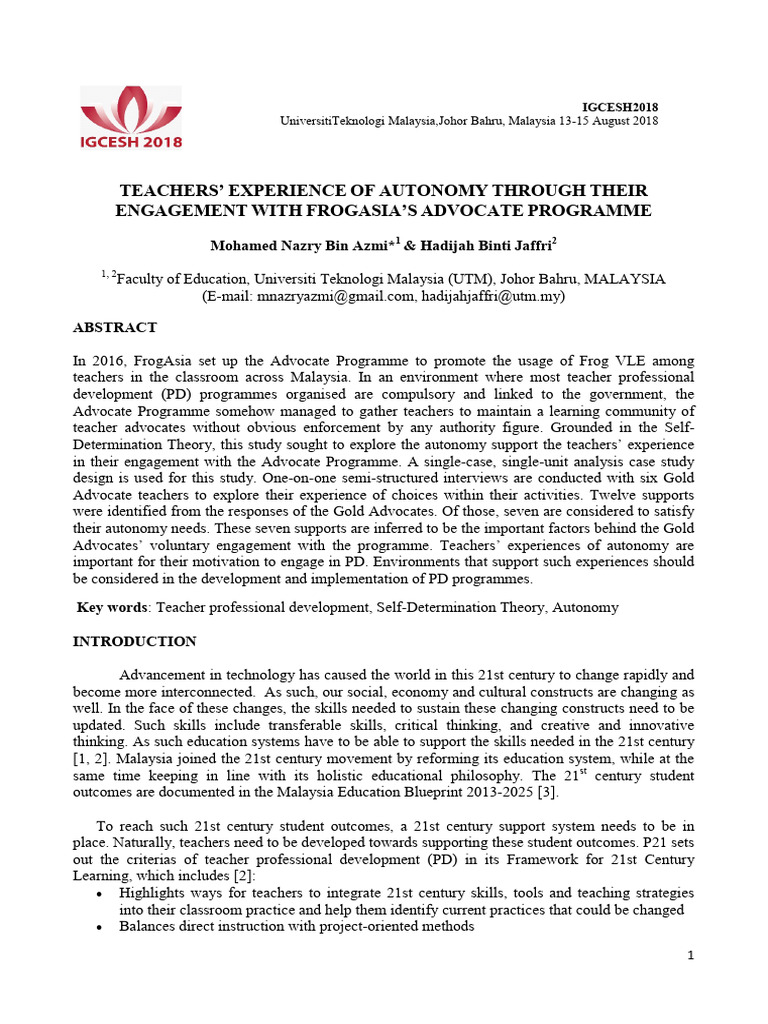 Teachers' Experience of Autonomy Through Their Engagement With Frogasia ...