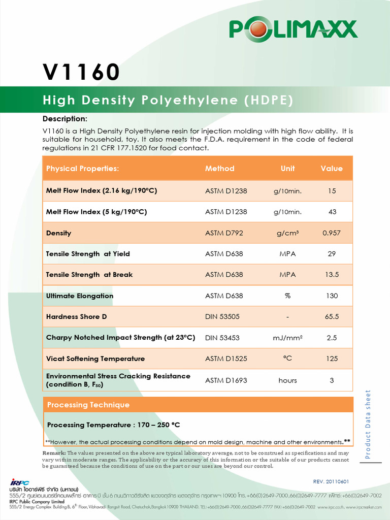 V1160 High Density Polyethylene Data Sheet | PDF