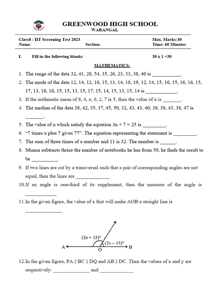 Class8-IIT Screening Test QP Sample Paper | PDF | Mean | Mathematics